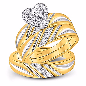 10kt Yellow Gold His Hers Round Diamond Heart Matching Wedding Set 3/8 Cttw