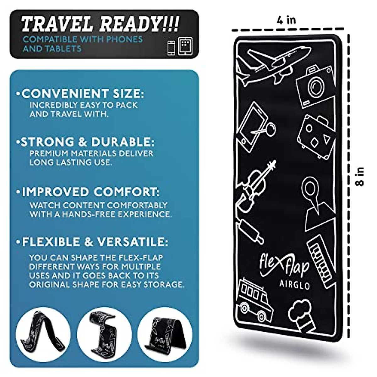 Airplane Travel Essentials for Flying Flex Flap Cell Phone Holder & Flexible Tablet Stand for Desk, Bed, Treadmill, Home & In-Flight Airplane Travel Accessories - Travel Must Haves Cool Gadgets (Pro)