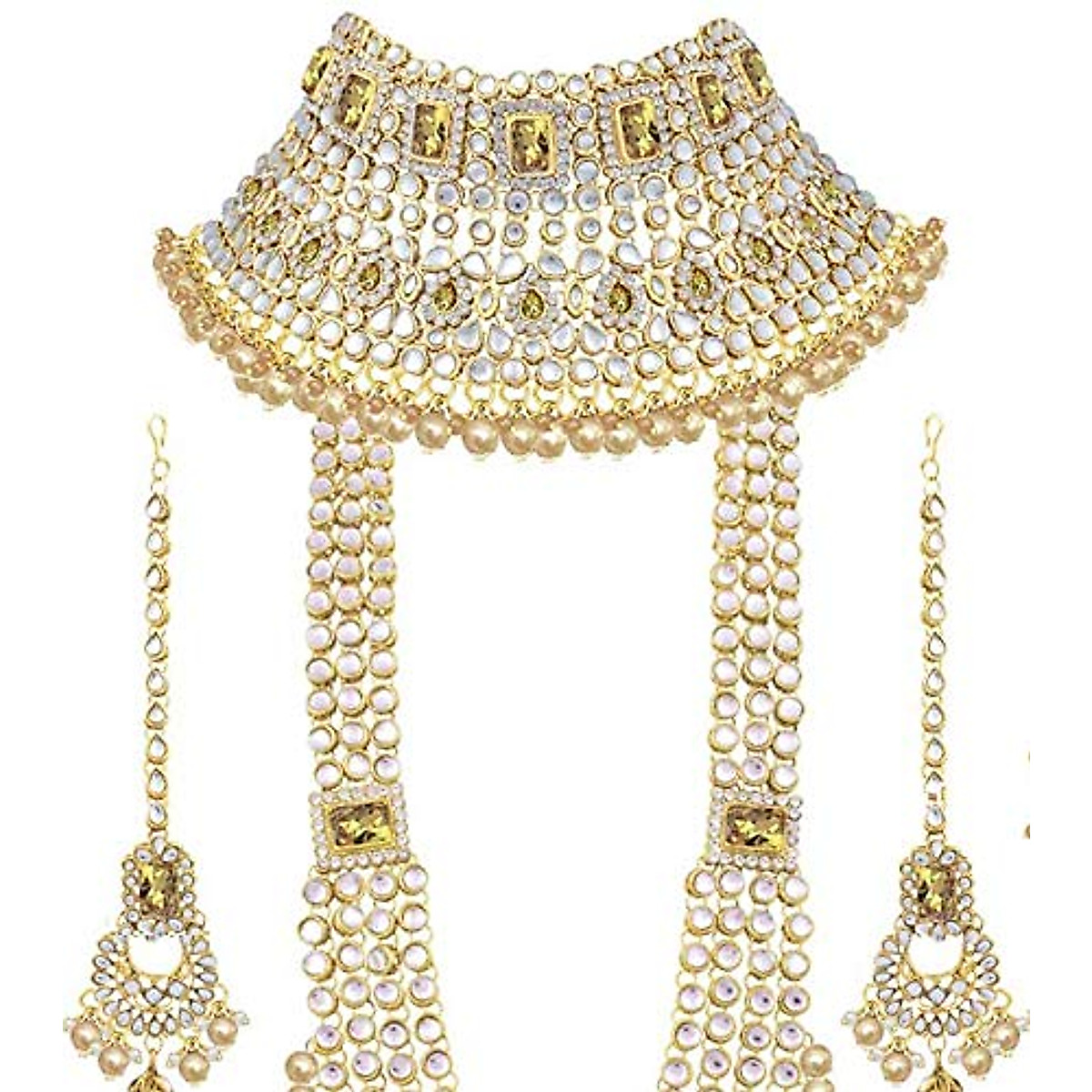 Aheli Ethnic Indian Indian Traditional Bollywood Faux Kundan Dulhan Heavy Bridal Jewelry Set with Choker Earrings Maang Tikka Hathphool for Women Girls