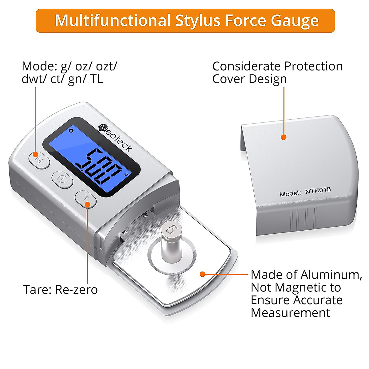 Neoteck Digital Turntable Stylus Force Scale Gauge 0.01g/5.00g Blue LCD Backlight for Tonearm Phono Cartridge - Silver