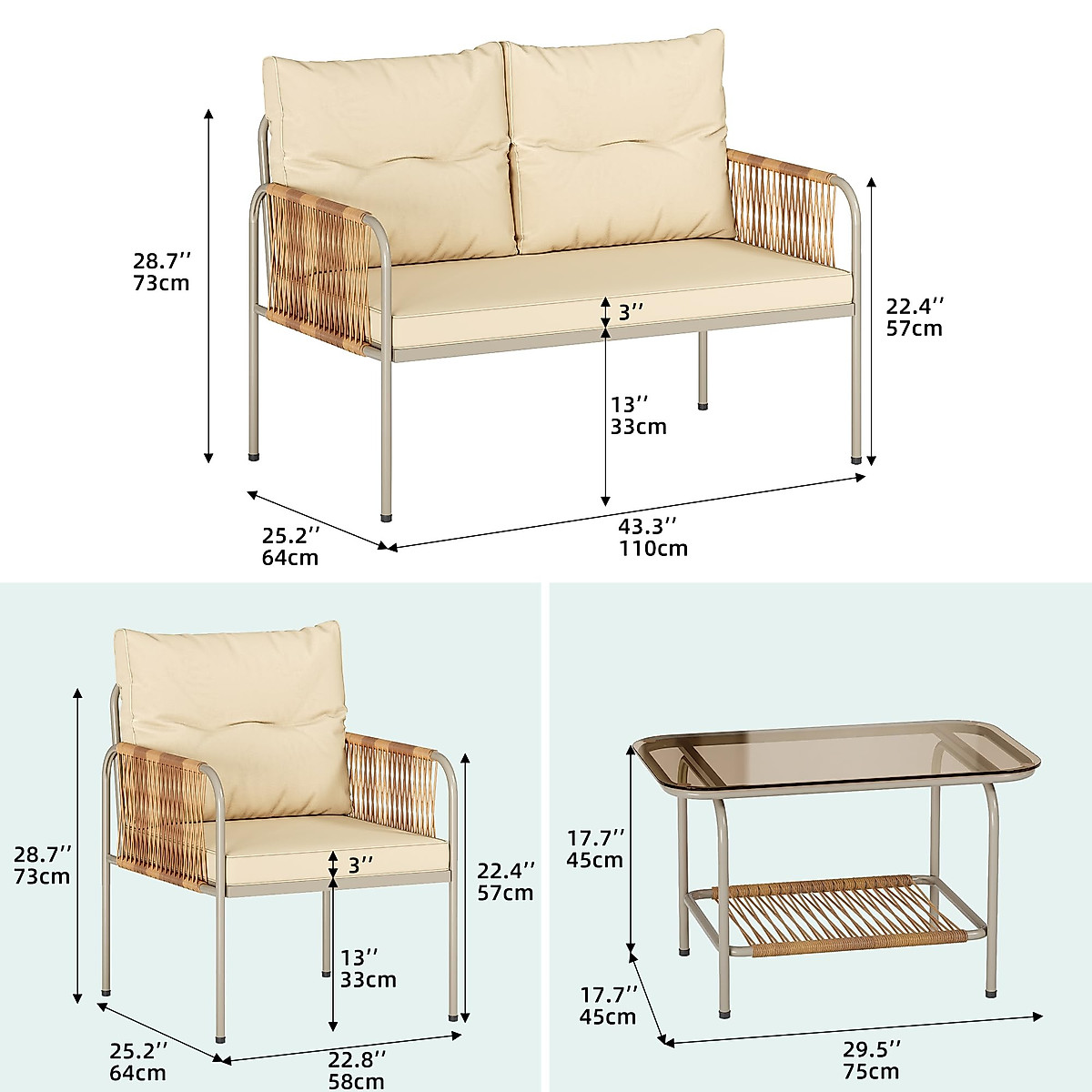 YITAHOME 4 Pieces Patio Furniture Set, Wicker Outdoor Conversation Set, All-Weather Rattan Bistro Set with Loveseat Set, Coffee Table and Cushions for Backyard, Balcony, Deck - Beige