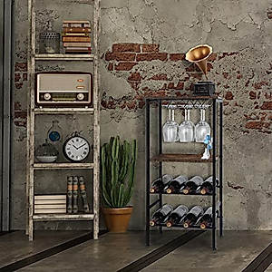 Wine Rack Table, FreeStanding Wine Bar Rack, Wine Bar Cabinet with GlassBottle Holder, Metal and Wood Industrial Wine Cabinet for Home, Floor Liquor Wine Cabinet Storage, for Bar Kitchen Dining