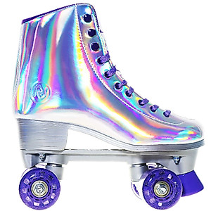 JajaHoho Roller Skates for Women, Holographic High Top Classic Rollerskates, Shiny Double-Row Glitter Four Wheels Quad Skates for Girls, Age 3-50, Indoor &Outdoor (Size 7, Silver Purple)