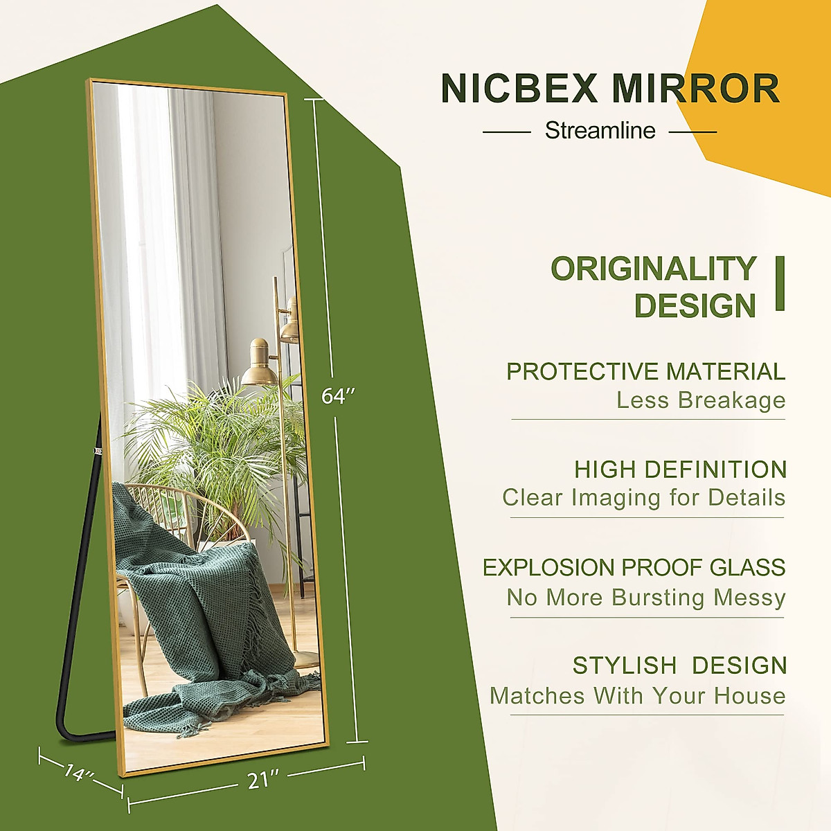 NicBex 64 x 21 Inch Full Length Mirror, Aluminum Alloy Frame Large Wall Mirror, Vanity Mirror, Bedroom Mirror, Dressing Mirror, Living Room Mirror, Gold, with Stand