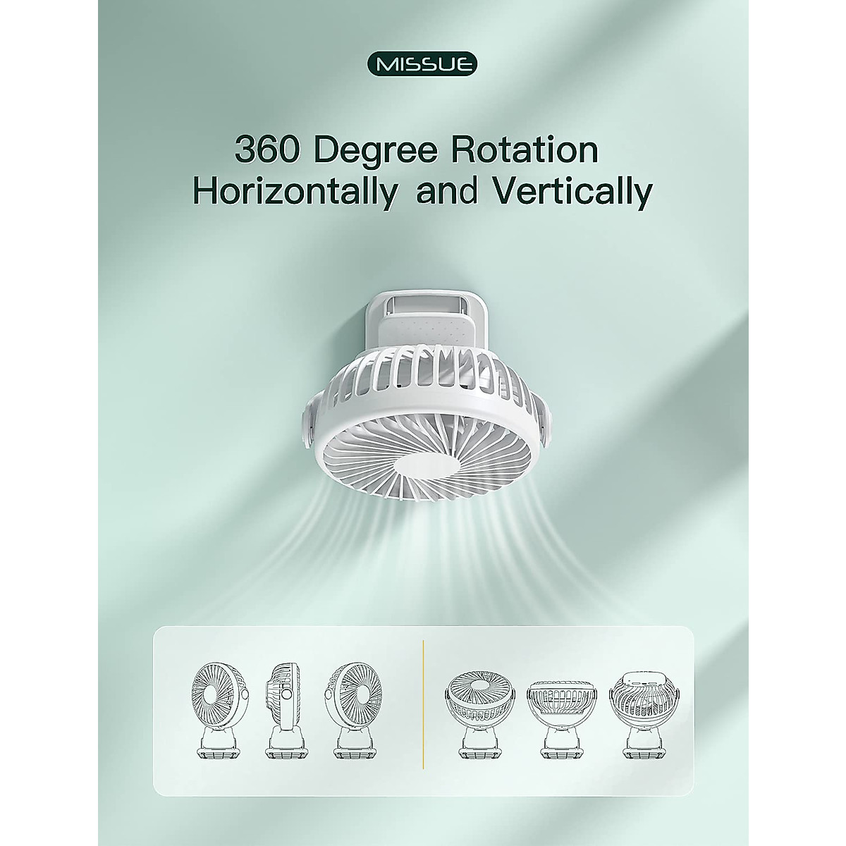 MISSUE Clip On Desk Fan, Baby Safe Stroller Fan, USB & Battery Operated Fan with 3 Speed for Men, Women, 3000 mAh Rechargeable Battery Include