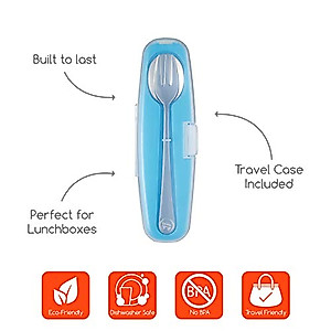 Innobaby Din Din Smart Stainless Steel Spoon and Fork with Carrying Case. Utensil Set for Kids and Toddlers. BPA Free. Blue.
