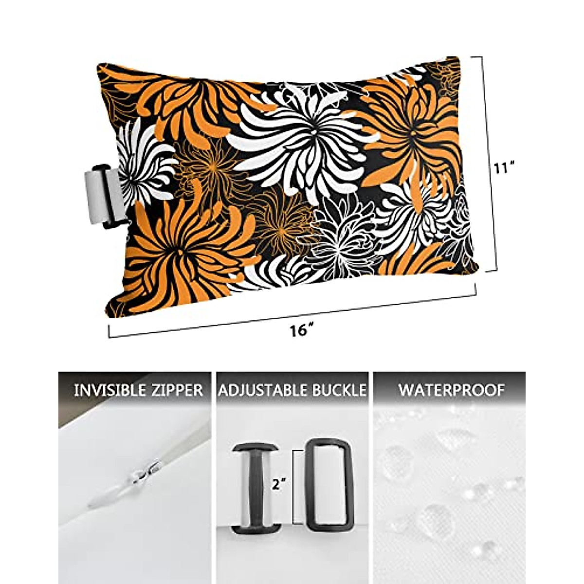 Recliner Head Pillow Ledge Loungers Chair Pillows with Insert Orange and Black Dahlia Foral Lumbar Pillow with Adjustable Strap Outdoor Waterproof Patio Pillows for Beach Pool Chair, 2 PCS