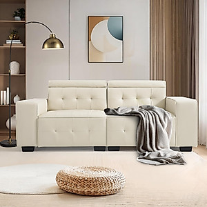 BEDHOURS 83" Sofa Couch, Handcrafted Faux Leather 3-Seat Sofa, Mid Century Modern Couch, Comfort Deep Seat Sofa with Side Pocket & Adjustable Headrest for Living Room Apartment Office, Beige