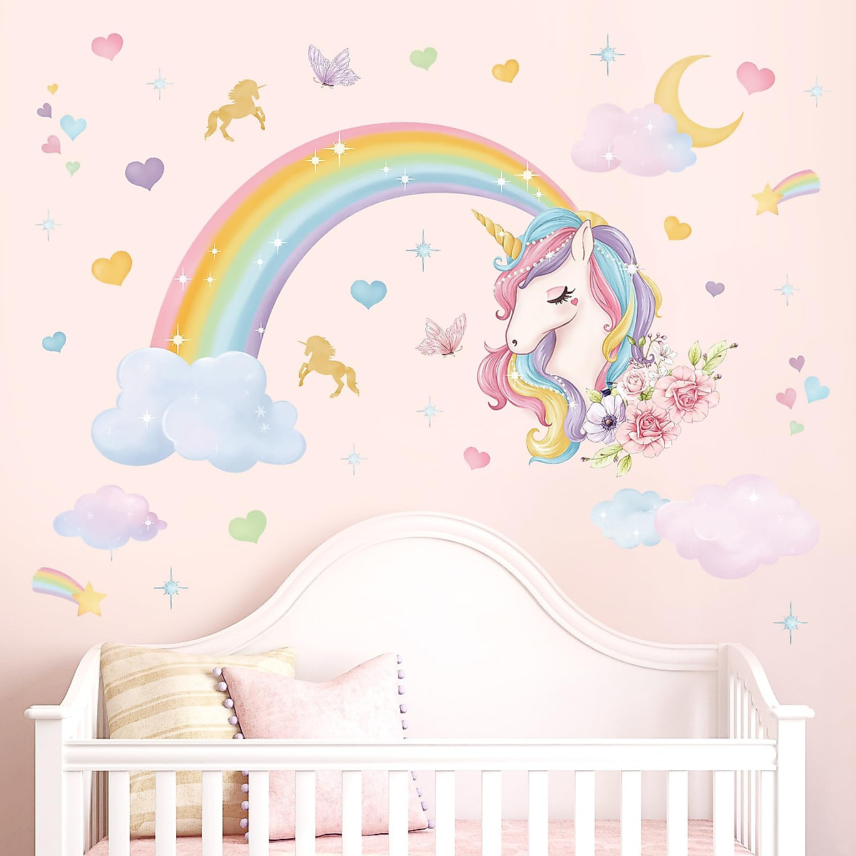 wondever Rainbow Wall Stickers Unicorn Clouds Peel and Stick Wall Art Decals for Girls Bedroom Kids Room Baby Nursery