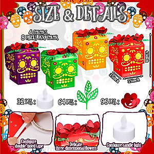 Glooglitter 32 Sets Dia De Los Muertos Luminary Bags Lanterns with Flameless Tea Candle Halloween Day of The Dead Paper Treat Bags Flame Resistant Candle Box for Dia De Los Muertos Party Decorations