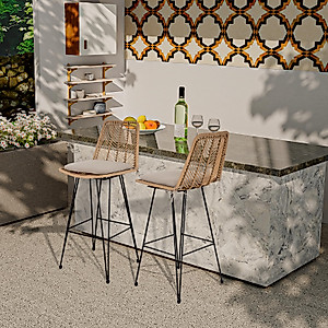 IDZO Rattan Bar Stools Set of 2, 42-Inch Tall with 400lbs Weight Endurance, Featuring a Steel Frame and Comfort Cushions, ideally Crafted as bar stools for Kitchen Island setups