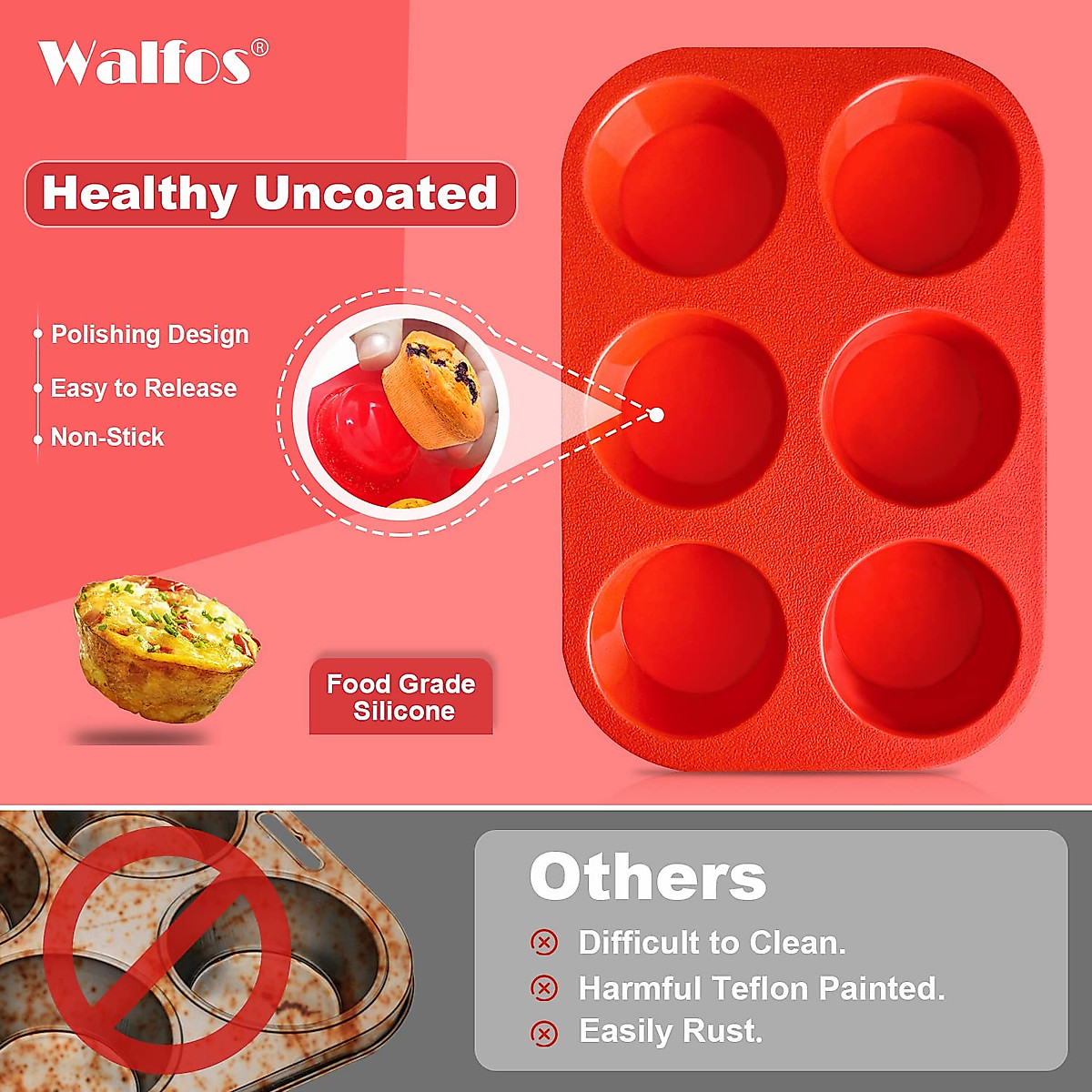 Walfos Silicone Muffin Pan - 6 Cup Non-Stick Cupcake Pan for Baking, Food Grade and BPA Free, Perfect for Egg Muffin, Cupcake, Quiches and Frittatas (3 Pack)