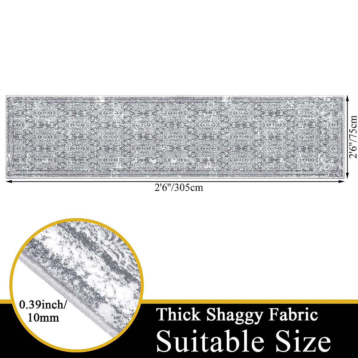 Vaukki Hallway Runner Rug, Vintage Shaggy Soft Laundry Rug Runner, Non Slip Entryway Runner Mat, Washable Farmhouse Kitchen Area Carpet for Bathroom, Entryway and Bedroom (2'6'' X 10', Grey)