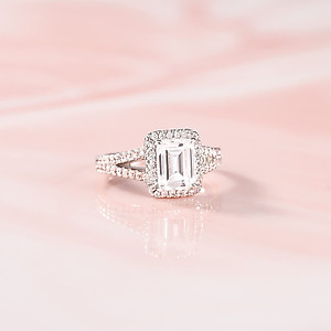 Mameloly 2CT Engagement Rings for Women Emerald Cut Cubic Zirconia Wedding Band Curved Halo Promise Rings for Her Size 6