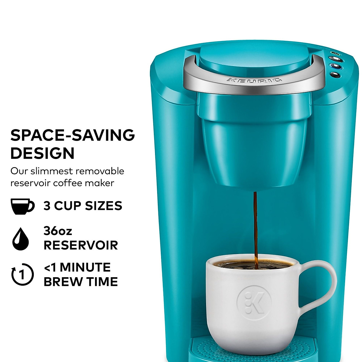 Keurig K-Compact Single-Serve K-Cup Pod Coffee Maker, with 3 Brew Sizes, Smart Start Feature, 36oz Removable Reservoir, Turquoise