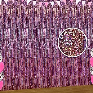 Pink Backdrop Glitter Curtains, Pink Birthday Party Decorations Pink Streamer Backdrop Pink Tinsel Foil Fringe Curtains for Girl Birthday Unicorn Bachelorette Baby Shower Party Decorations (3 Pack)