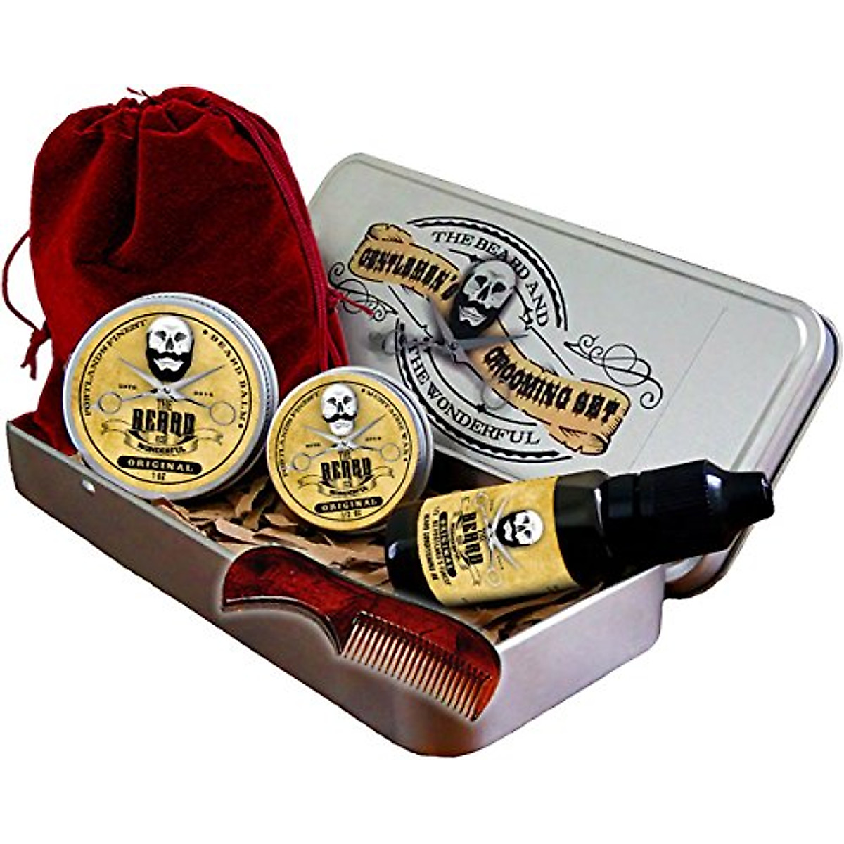 Beard Grooming Kit in Metal Tin - The Beard & The Wonderful 5 Piece Beard Grooming Kit for Men Includes Moustache Wax, Beard Oil, Beard Balm, Pocket-Sized Beard Comb & Beard Scissors | Original Scent