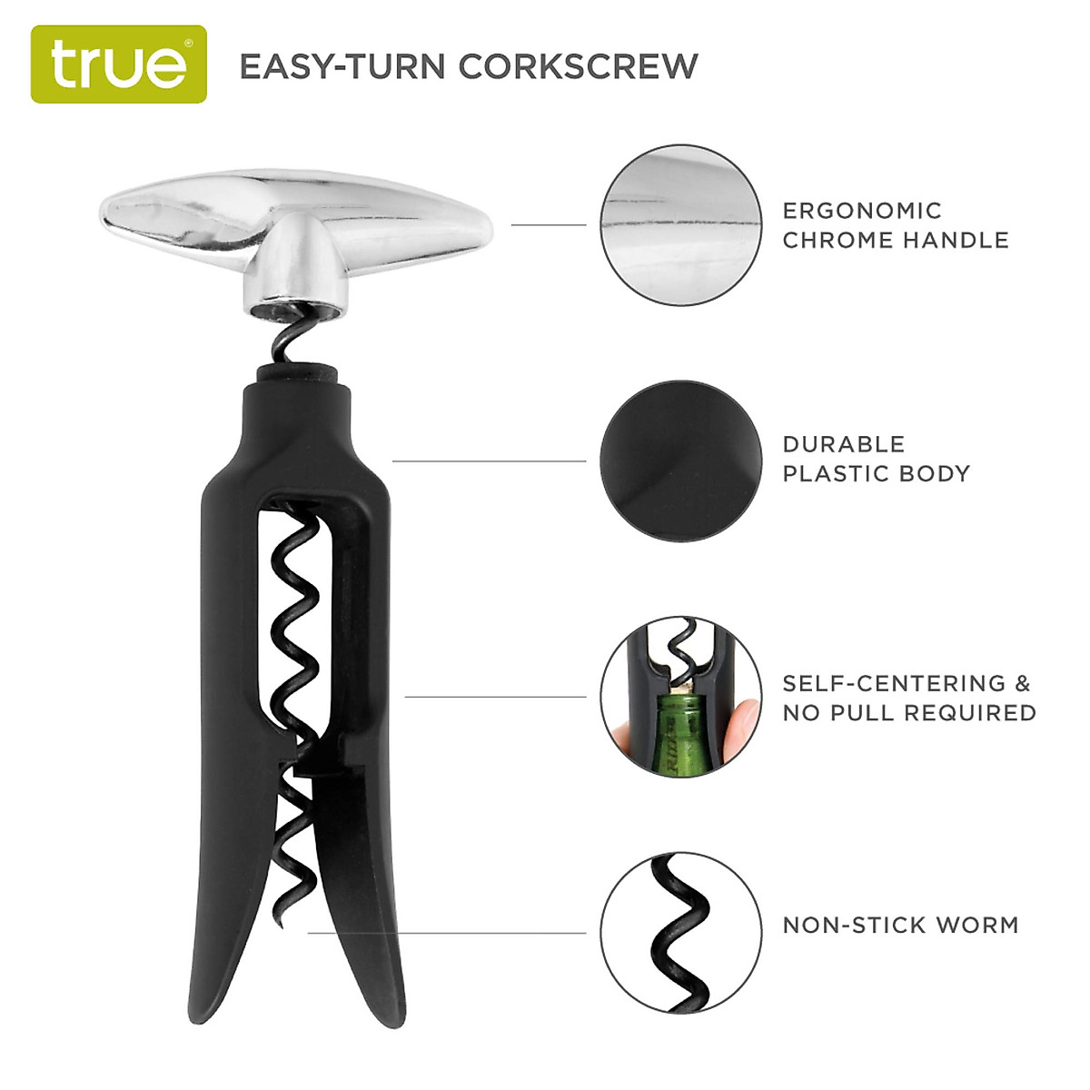 True Twister Self Pulling Compact Corkscrew Wine Bottle Opener - Ergonomic Easy-turn Key Bar Accessory, 6 Inches, Black