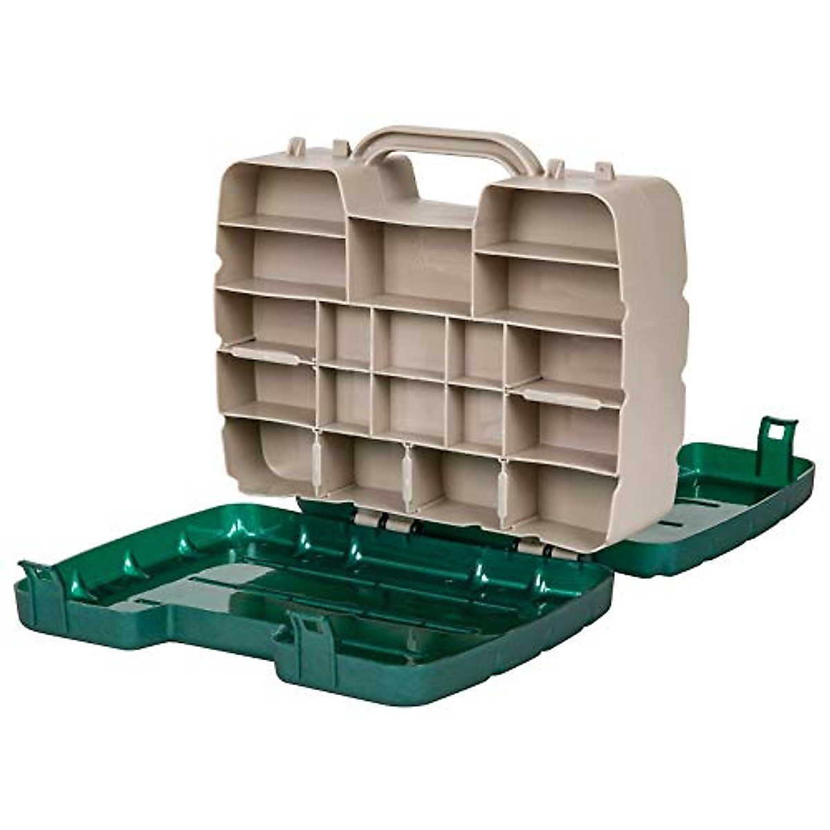 Flambeau Outdoors 7220 Small 11" Double-Sided Satchel, Portable Tackle Storage Box with Removable Dividers and Handle, Tan/Green