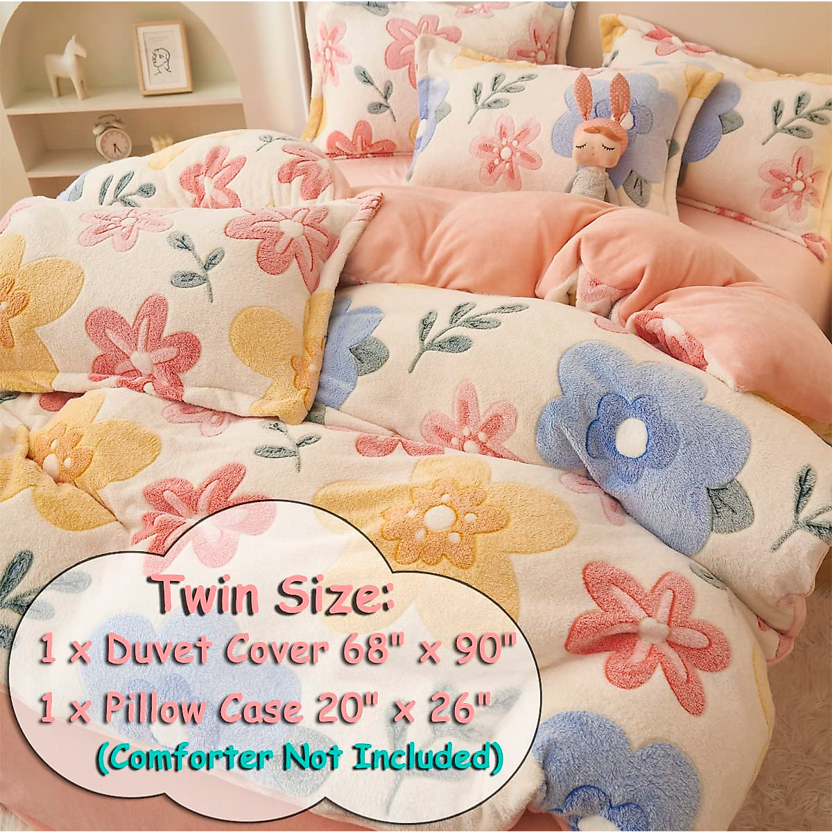 LMONMOO Pink Duvet Cover Twin, Fluffy Comforter Cover Set, Kawaii Bedding Sets for Girl Ultra Soft Cute Floral Bed Set for Kids (Flower, Twin)