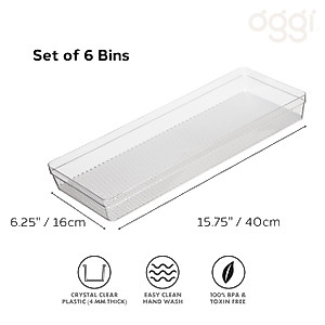 Oggi Clear Drawer Organizer - 6" X 15" (Set of 6) - Ideal for Organizing Kitchen Drawers, Office, Desk, Silverware, Kitchen Utensils, Cosmetics and Bathrooms