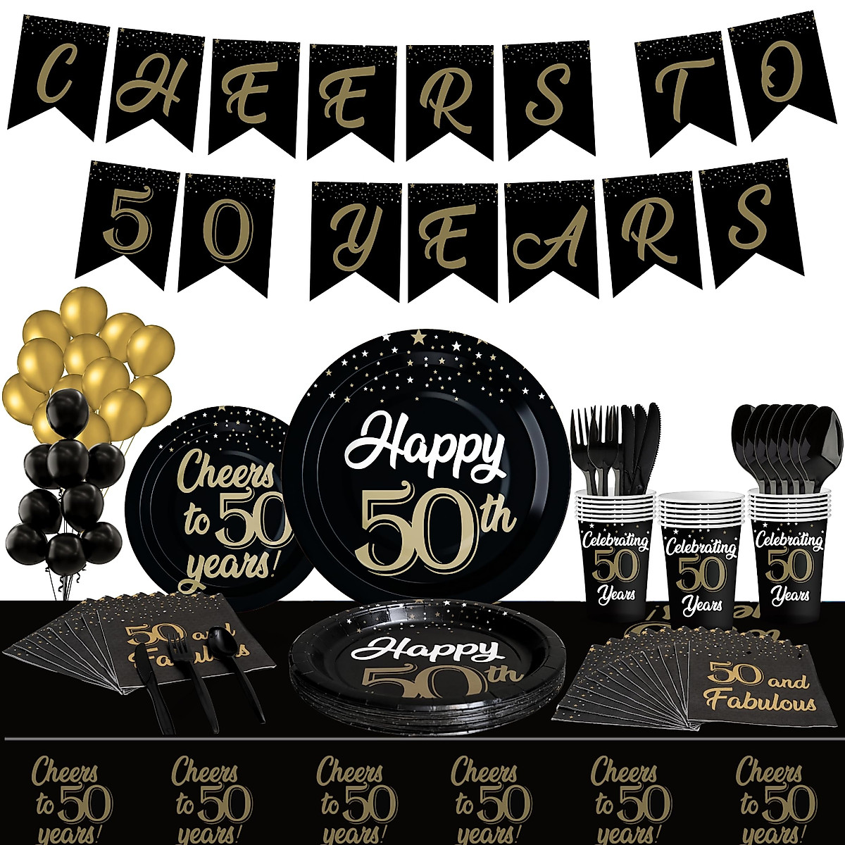 202-Piece 50th Birthday Decorations Set for Women and 50th birthday decorations men – Includes Plates, Napkins, Cups, Tablecloth, Cutlery, and Balloons – Serves 25