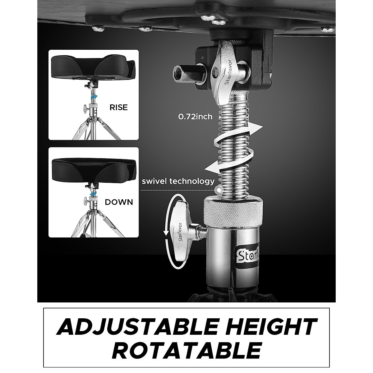 Starfavor Drum Throne Height Adjustable Padded Seat Drum Stool Saddle Drum Seat, with Double Braced Anti-Slip Feet Swivel Drum Chair for Adults, Motocycle Style, ST-500