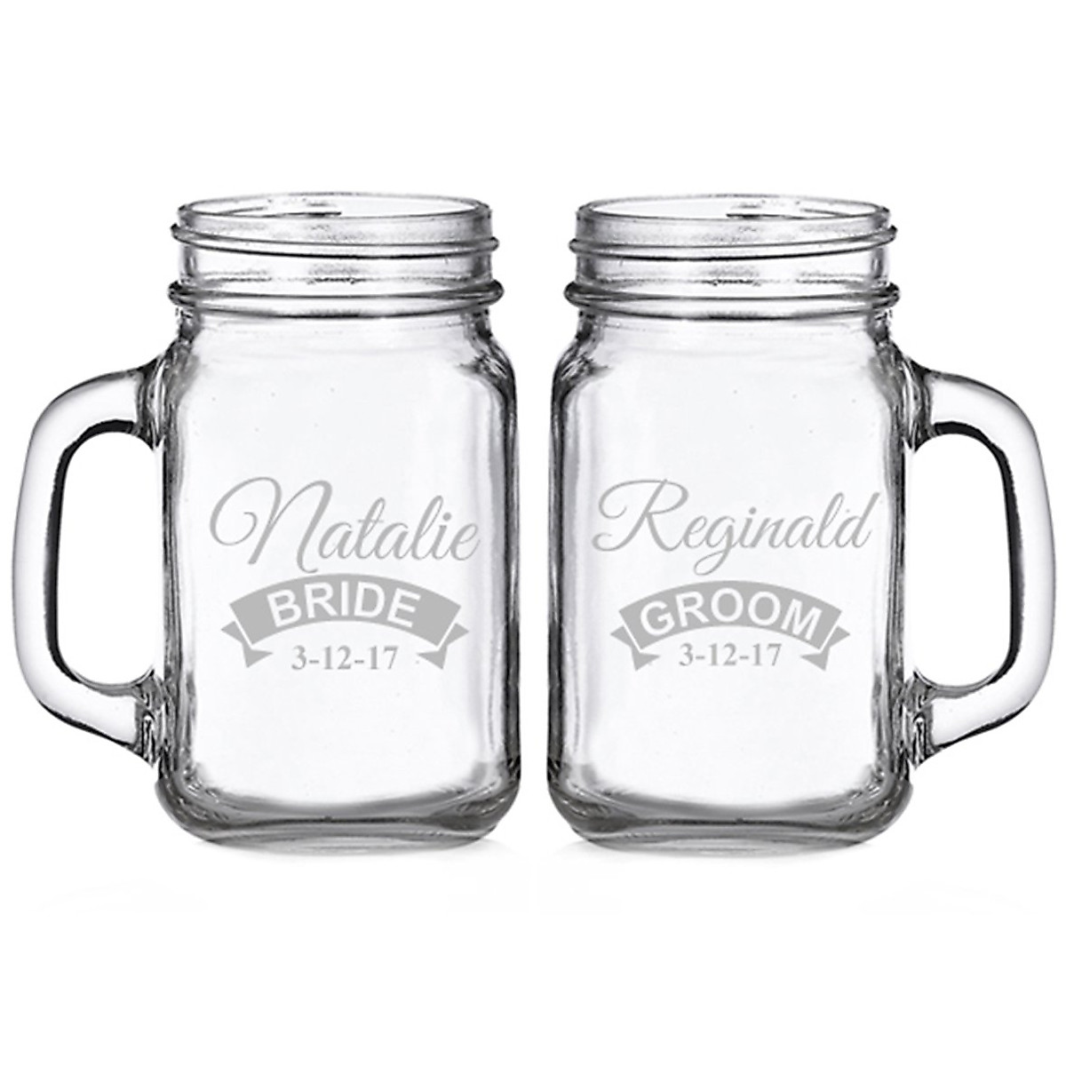 Bride and Groom Rustic Banner Personalized Glass Mason Mugs (set of 2)