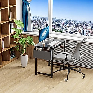 DUMOS Computer 31 Inch Office Black Modern Storage, Wood Writing, Corner Small Space, Executive Work, Home Desk for Bedroom
