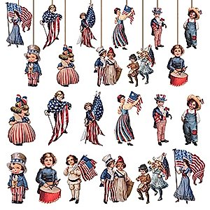 36 Pcs Patriotic Tree Hanging Ornaments Vintage Independence Day Wooden Cutout Embellishments 4th of July Wood Hanging Slices Pendants with Rope for Memorial Day Home Party Decor