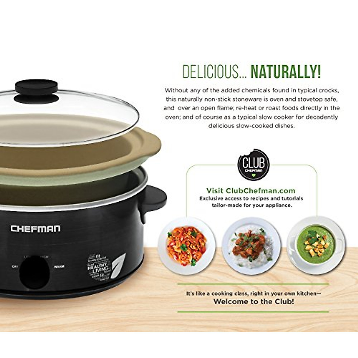 Chefman 5 Qt. Slow Cooker, All-Natural, Glaze & Chemical-Free Pot , Stovetop or Oven Cooking, Dishwasher Safe Crock; Naturally Nonstick & Paleo-Friendly, Low-Lead Stoneware, Bonus Recipes Included