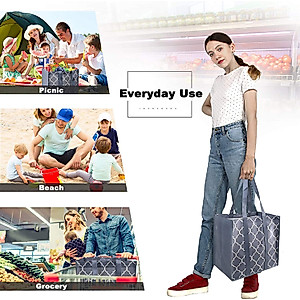 BeeGreen 12 Pieces Reusable Grocery Bags Extra Large Shopping Totes with Removable Bottom Durable Heavy Duty Easy to Clean for Groceries Foldable Grey Navy Teal Blue Black