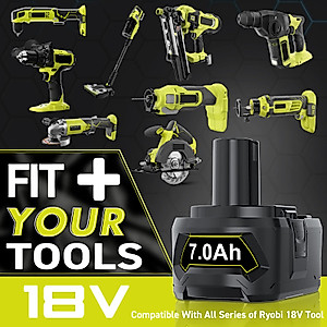 POWTREE 7.0Ah 18V 2Pack Replacement for Ryobi 18V Battery ONE+ Plus Li-ion P108 P102 P103 P104 P105 P107 P109 P122 PBP005 RB18L50 Cordless Power Tools with LED Indicator