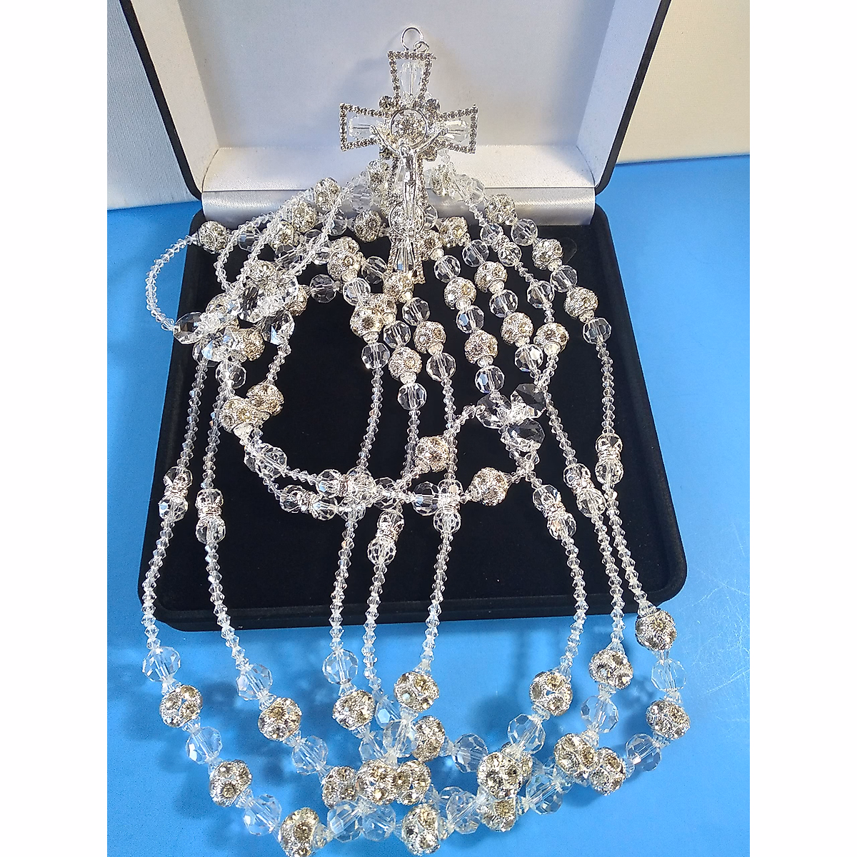 Wedding Lasso/Lasso para boda de Cristal fino Combinado con bola de rhigestone de 16 mm con Cristal Lasso Color Plata sin imagenes y Cruz catolica.