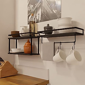 Wall Mounted Floating Shelves Set of 2 with Tissue Rack, Towel Bar & Hooks, Storage Rack for Bathroom, Kitchen, Livingroom, Bedroom & Garage - Black