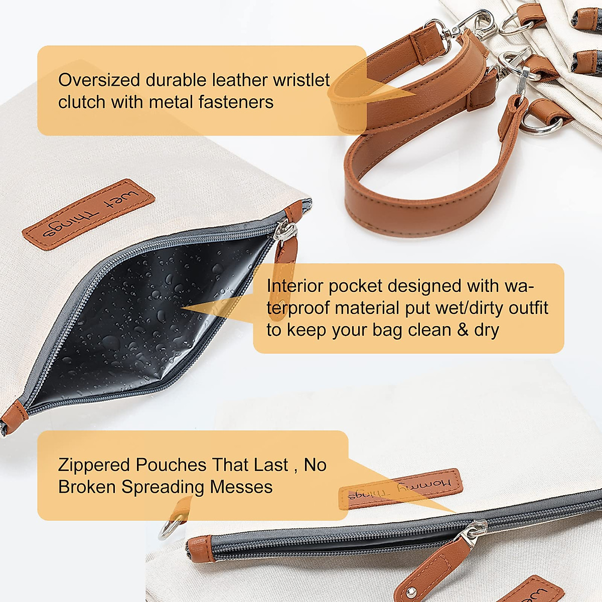 EZONTEQ Diaper Bag Organizing Pouches Dry Wet Bag with Labeled, Diaper Organizer Clutch with Waterproof Interior, Durable Leather Wristlet Strap and Zippers (Pack of 4)