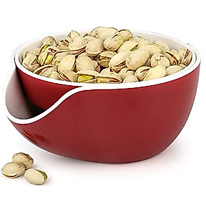 Pistachio Bowl, Snack Serving Dish, Double Peanut Bowl with Nut Seeds Shell Candy Storage, Red