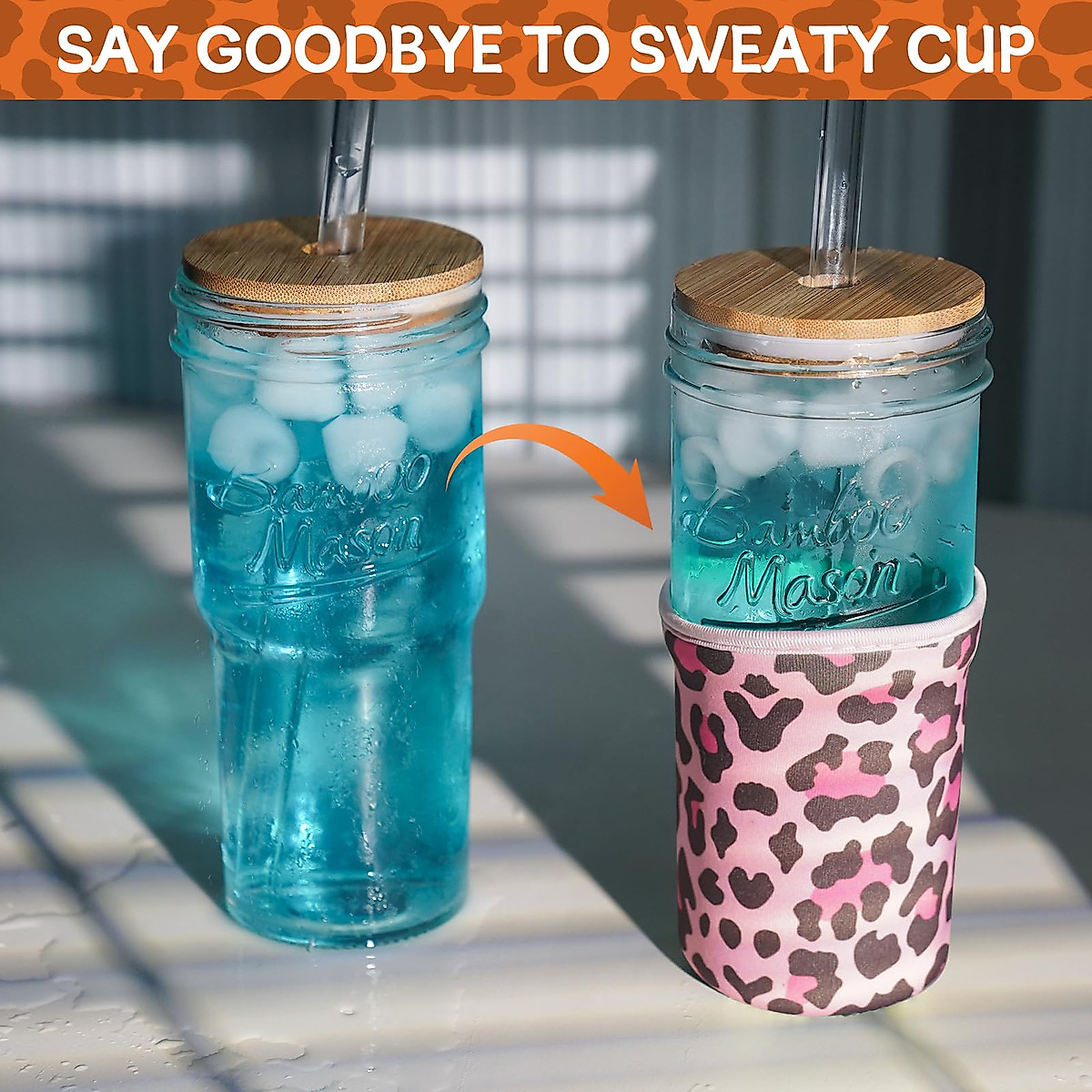 ANOTION Glass Cups with Lids and Straws - 24oz Ice Coffee Cup with Neoprene Sleeve, Drinking Glasses Tumbler Set of 2, Cute Bamboo Mason Jars, Glass Tumbler Travel Cup Smoothie Cup - Gifts for Women