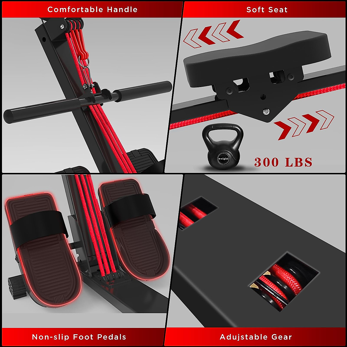 Rowing Machine Foldable, Fitness Rower Machines Cardio Training Adjustable Elastic Portable Compact Rower for Home Use Strength Equipment LCD Display Loading 300 LBS (Black-Red)