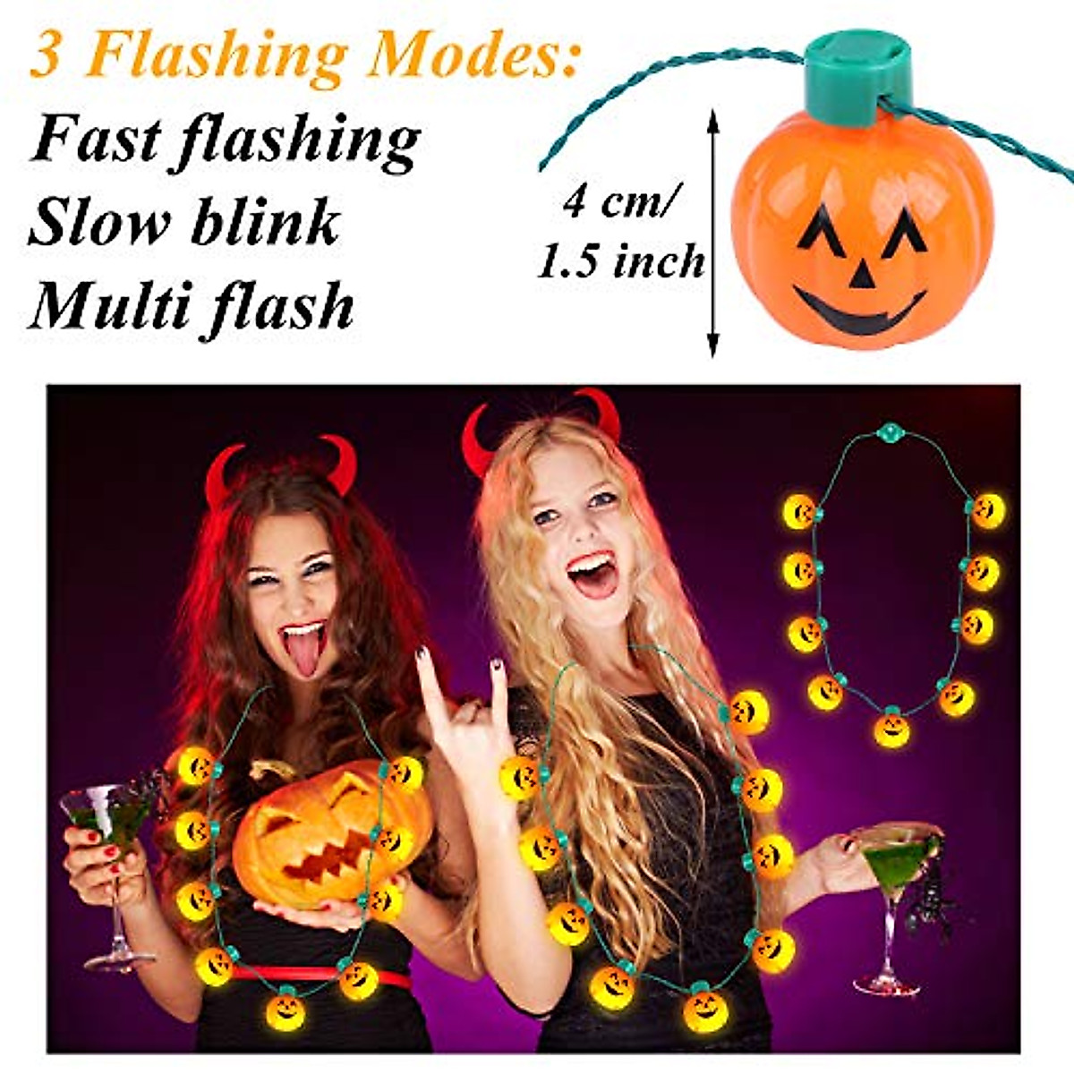 Aneco 2 Pack Halloween LED Pumpkin Lantern Necklace, 33 inch 9 Pieces Pumpkin Light Up Flashing Glow in The Dark Necklace LED Light Pumpkin Lantern Necklace for Halloween Party Decoration