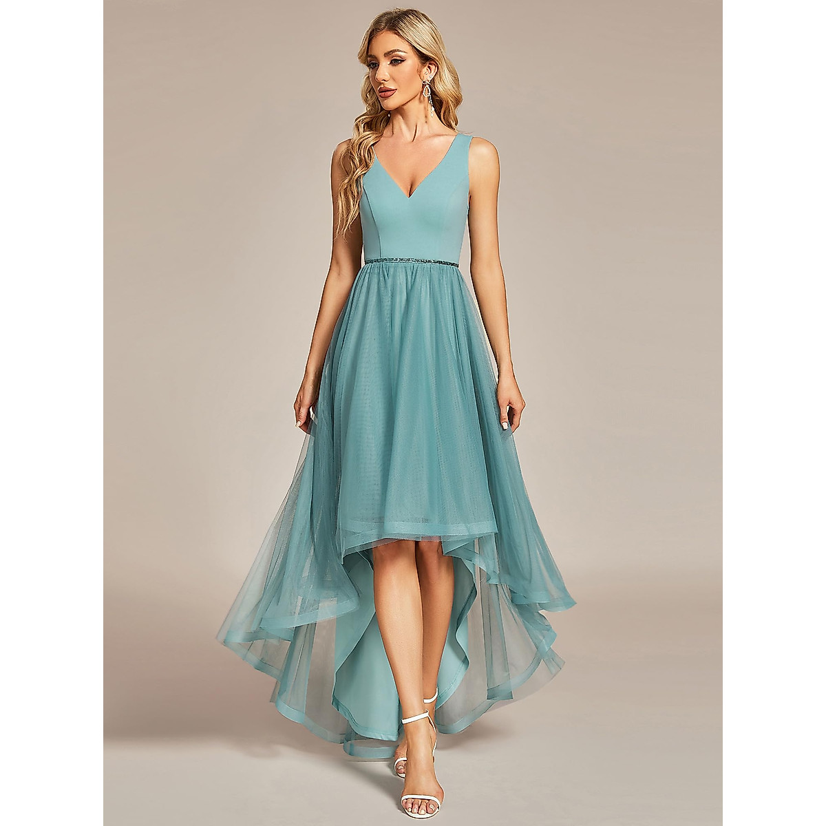 Ever-Pretty Women's Simple A-line Beads Tulle Deep V-Neck Homecoming Dress with Beaded Dusty Blue US8