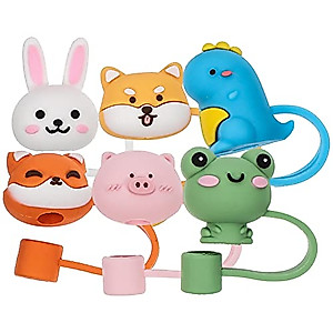 ABOOFAN 6pcs Silicone Straw Tips Covers Lovely Animals Drinking Straw Tips Reusable Rabbit Straw Toppers Dinosaurs Straw Plugs Caps for Easter Hawaii Kids Party Decor