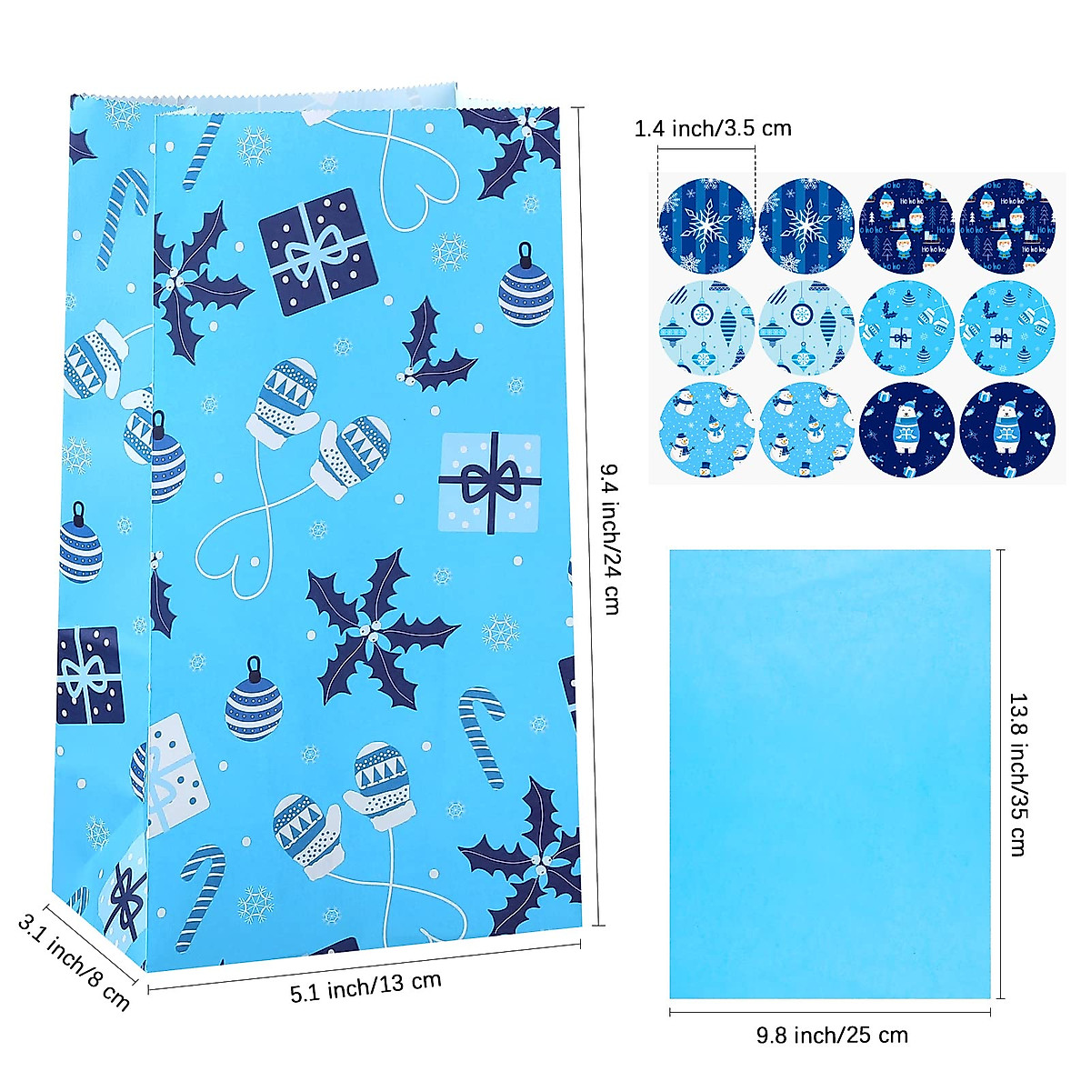 MIMIND 72 Pieces Christmas Winter Candy Paper Bags 6 Design Paper Gift Treat Bags with 72 Tissue Paper and 72 Stickers Paper Candy Gift Bags for Christmas Party Favor, 5.1 x 3.1 x 9.4 Inches