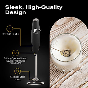 Bean Envy Handheld Milk Frother for Coffee - Electric Hand Blender, Mini Drink Mixer Whisk & Coffee Foamer Wand w/Stand for Lattes, Matcha and Hot Chocolate - Kitchen Gifts - Black