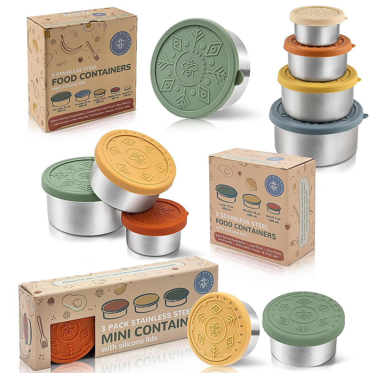 Everusely Stainless Steel Containers with Lids Ultimate Lunch Bundle (Muted Rainbow)