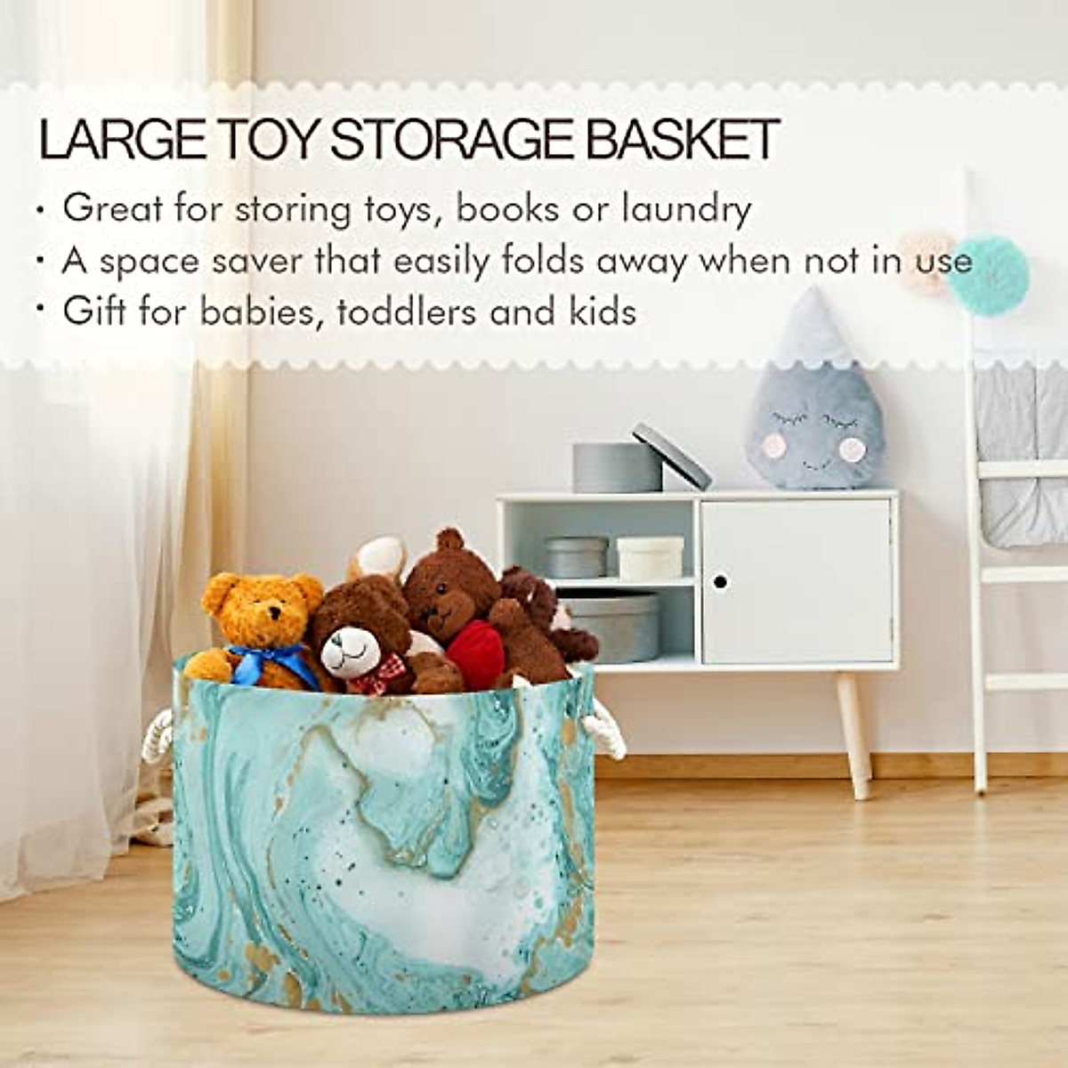 xigua Turquoise Marble Texture Large Round storage basket 20 x14 Inches Collapsible Round Storage Bin, Laundry Basket Organizer for Towels, Blanket, Toys, Clothes