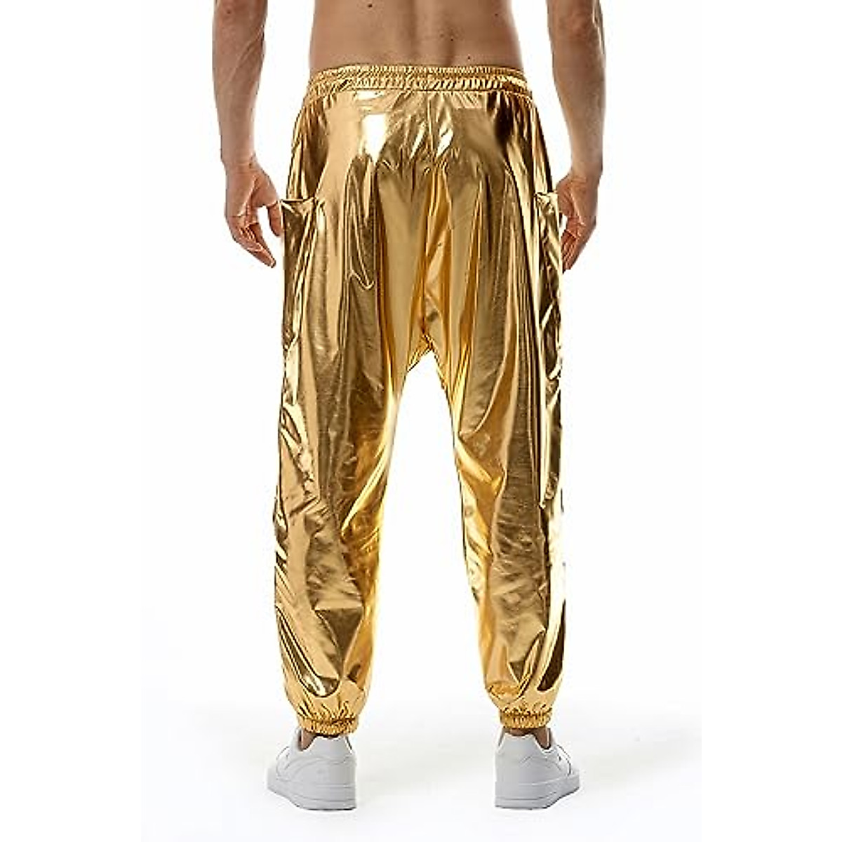 GRAJTCIN Metallic Shiny Jogger Sweatpants for Men 70s/80s Disco Party Rave Sequin Pants Elastic Trousers for Men with Pockets Solid Gold L