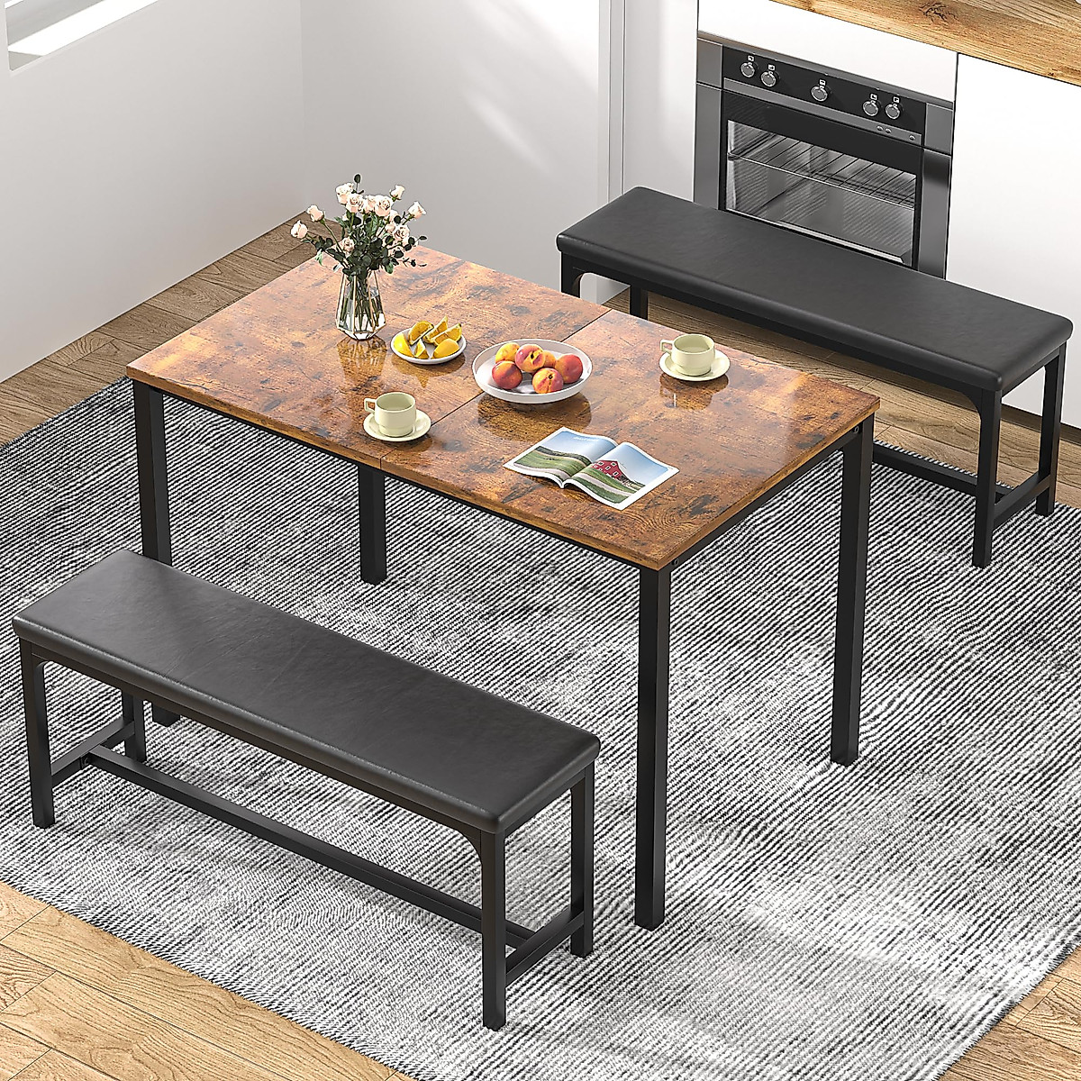 VECELO 3-Piece 63" Extendable Kitchen Table with Benches/Chairs, Modern Breakfast Dinette/Dining Room Set for 4/6/2, Small Space Saving Design, Easy Assembly
