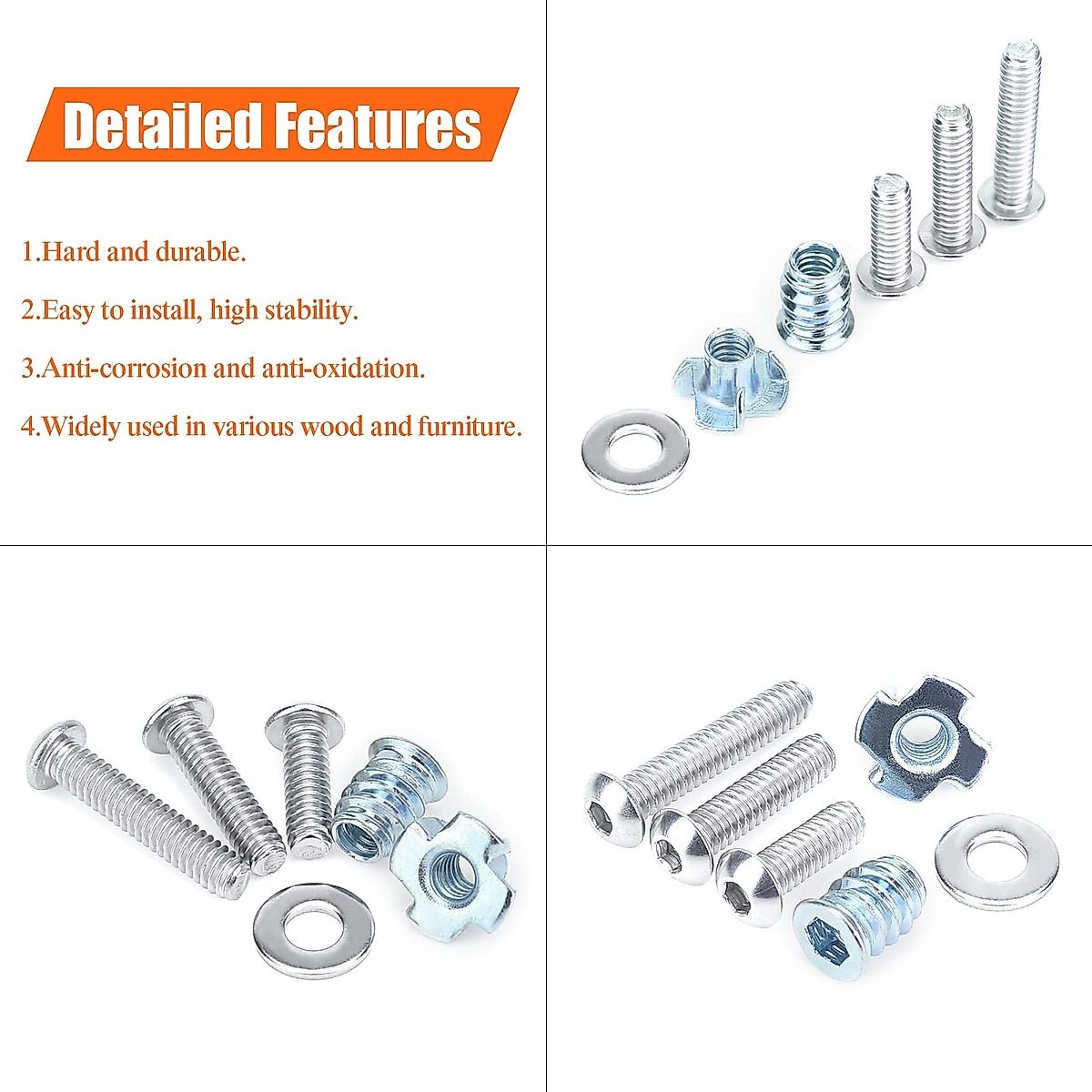 HELIFOUNER 1/4"-20 Threaded Inserts for Wood Furniture, 1/4"-20 T Nuts, 1/4-20 x 3/4", 1", 1-1/4" Button Head Socket Cap Screws, 1/4" Flat Washers Assortment Kit, 120 Pieces