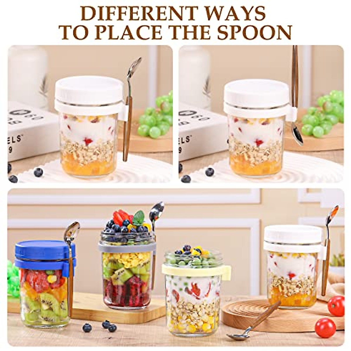 EOUOBOMO Overnight Oats Containers w. Lids and Spoons,Overnight Oats Mason Jars w.Airtight Lids for Milk,Oatmeal Glass Mason Jars w. Measurement Marks for Cereal On The Go Containers,12oz,Set of 4